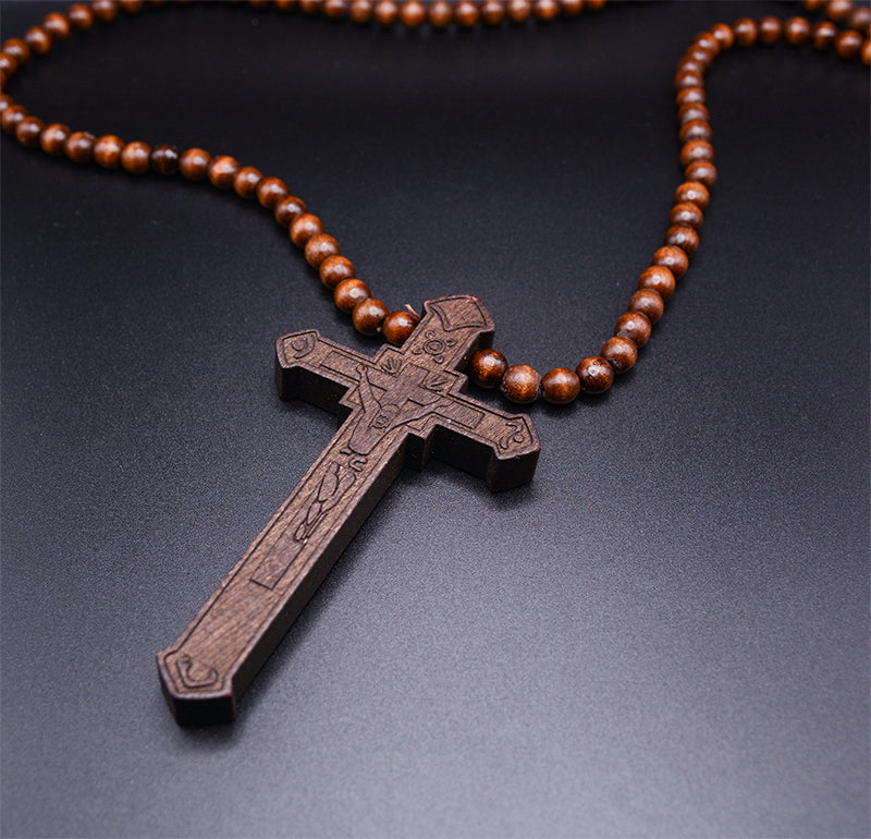 Large Wood Cross Necklace for Men with Jesus Christ Pendant