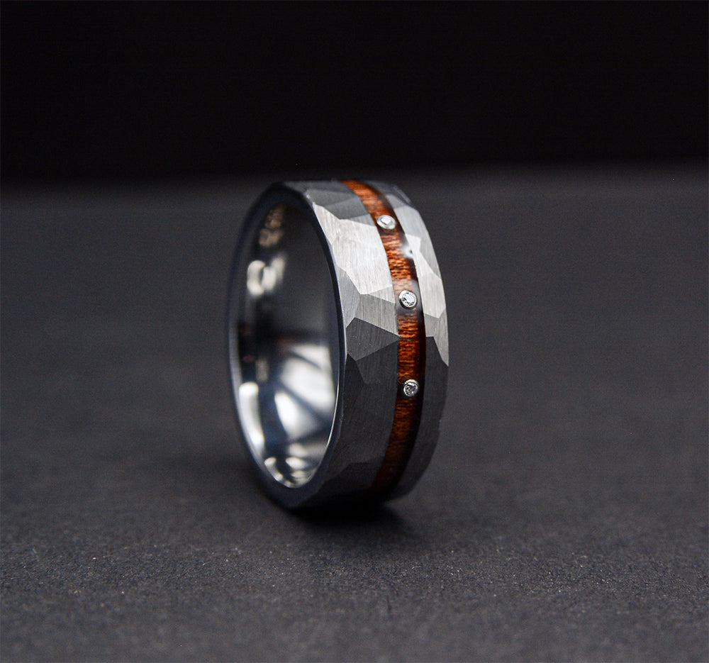 Onyx Timber Diamond Tungsten Ring with Wood Inlay | Men's Hammered ...