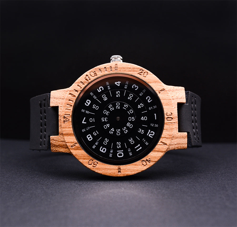 Handmade Round Engraved Wood Watch With Leather Band