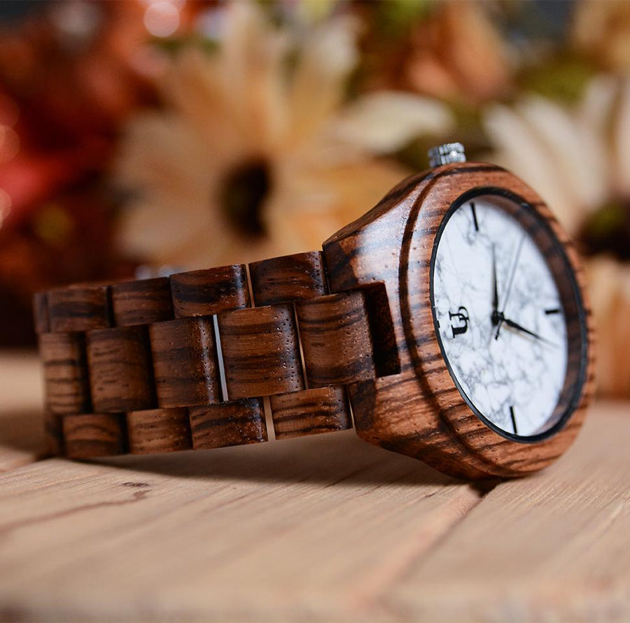 Mens Wooden Watches Zebra Round Wooden Watch With Real White Marble ...