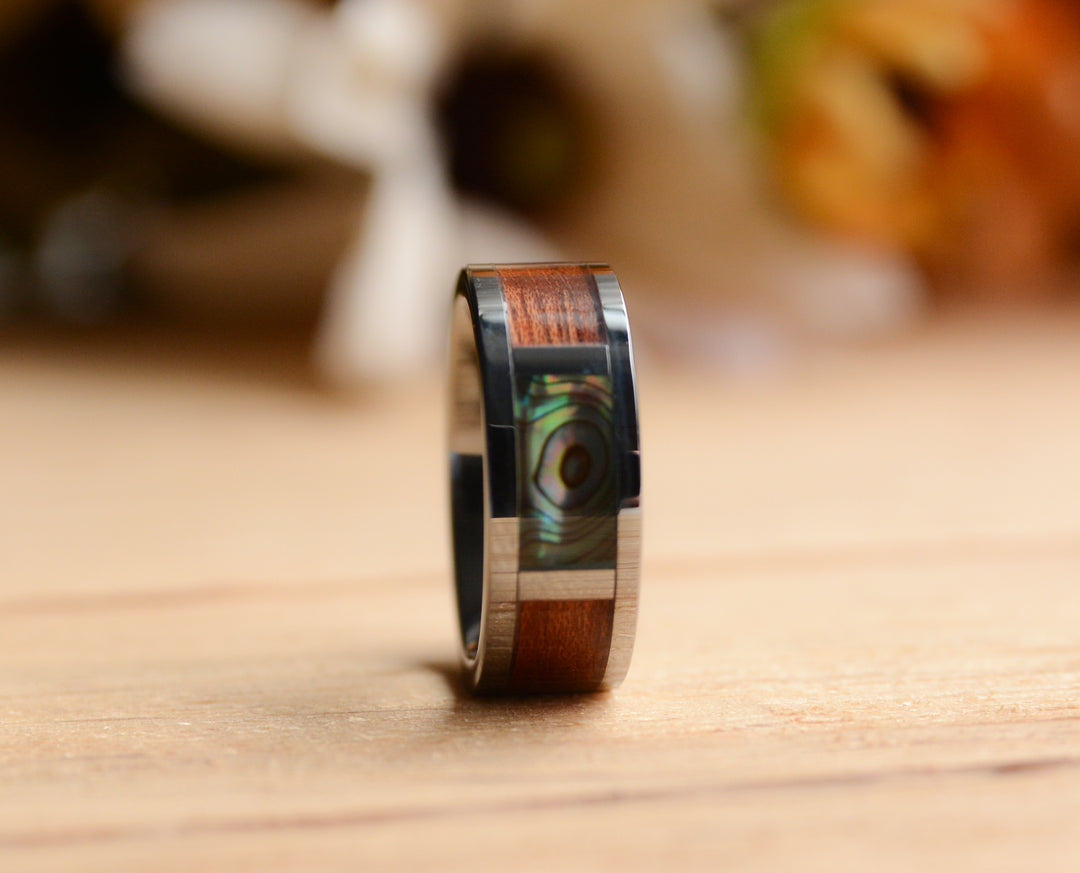 Wooden Wedding Rings: Abalone Shell and Koa Wood Inlay Tungsten Wedding ...
