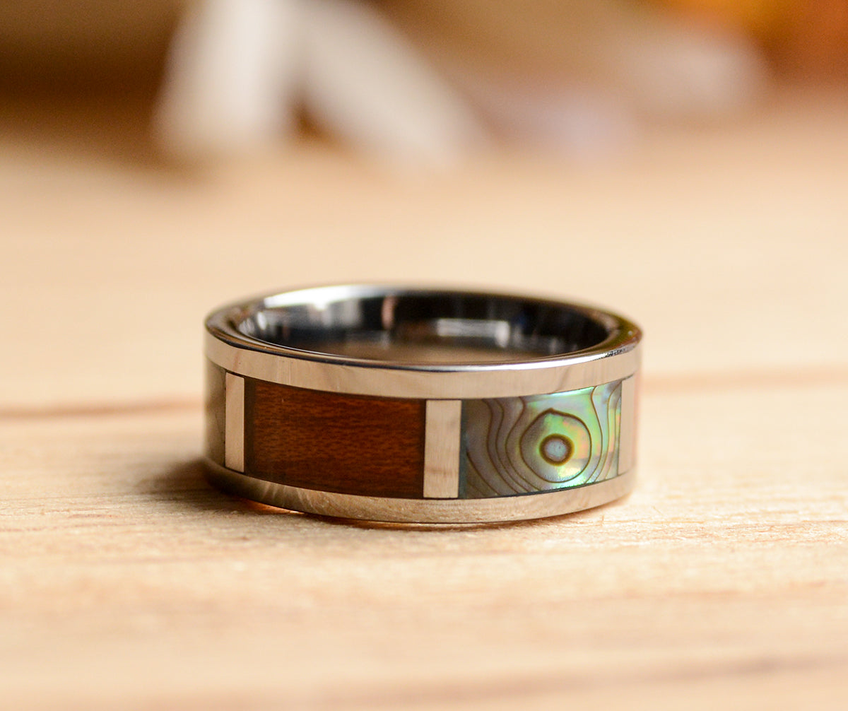 Wooden Wedding Rings: Abalone Shell and Koa Wood Inlay Tungsten Wedding ...