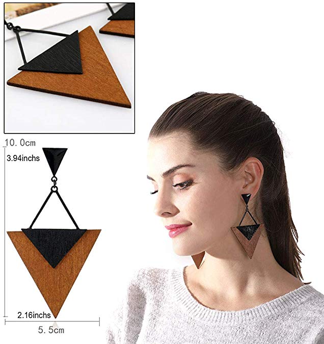 Wooden Earrings for Women - Big Triangle Geometric Wood Drop Dangle Ho ...