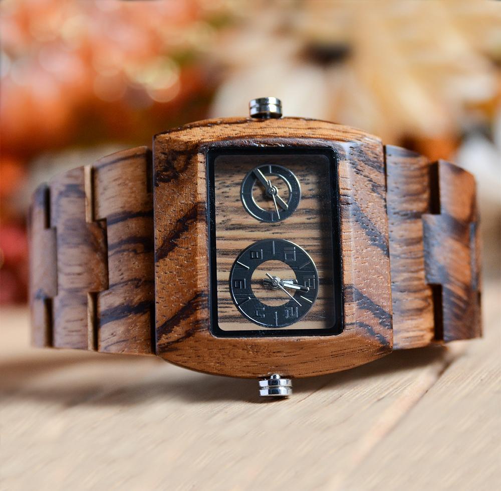 Wooden Watches For Men: Engraved Dual Panel Square Zebra Wood Watch For ...